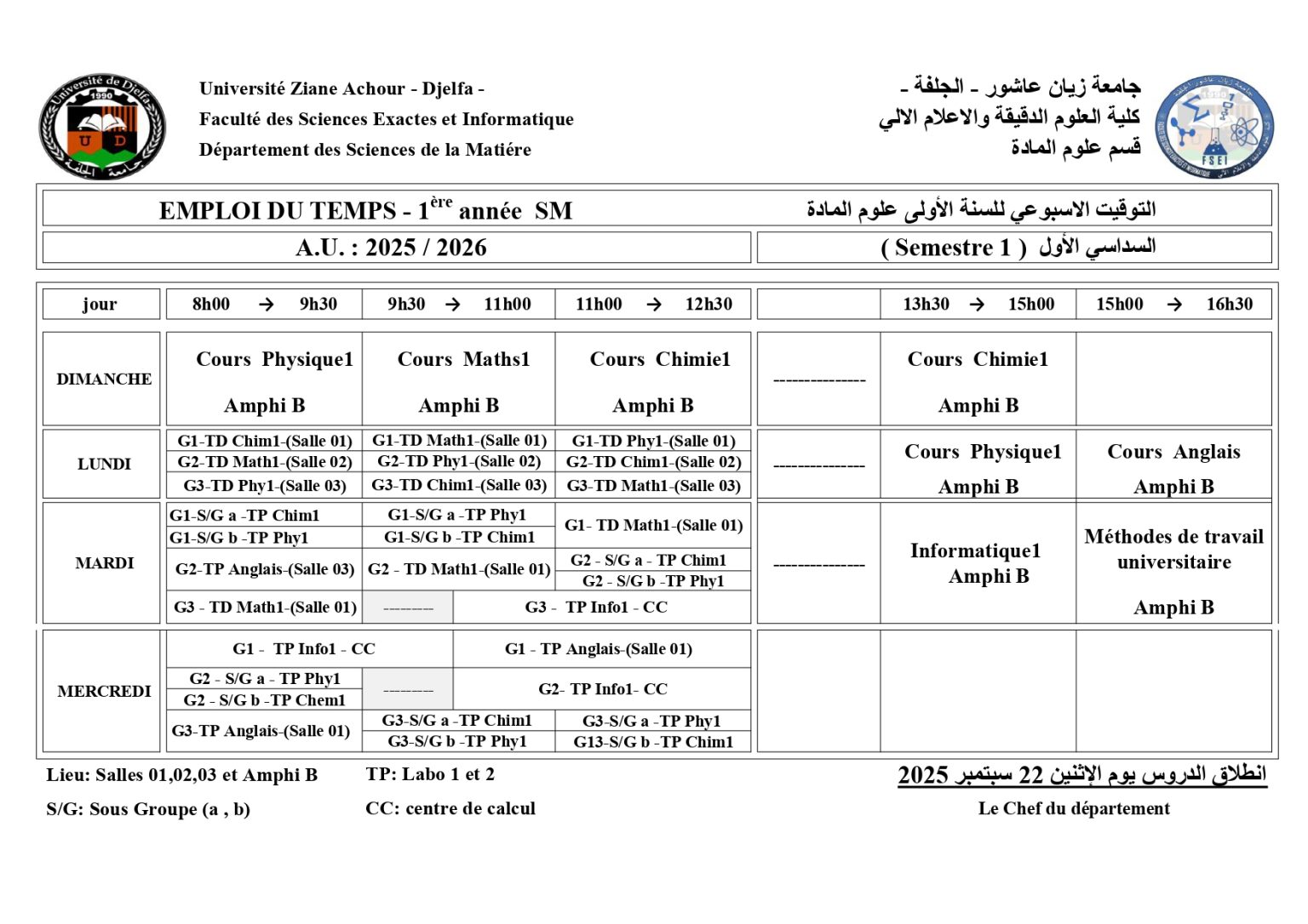 التوقيت الأسبوعي لقسم علوم المادة – Faculté des Sciences Exactes et ...