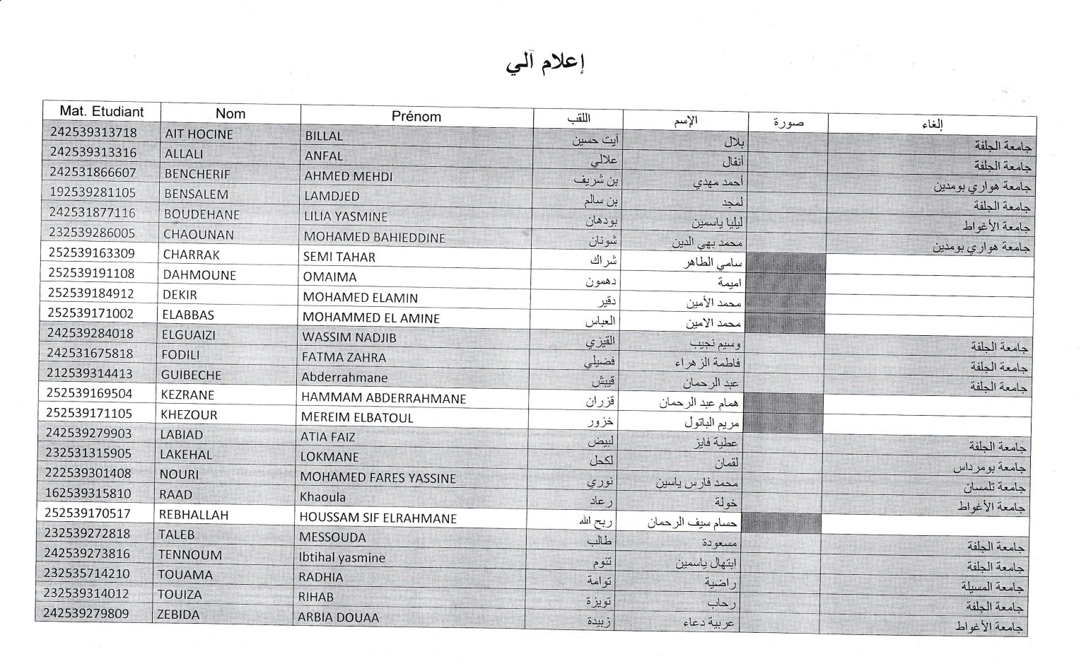 إعلان لطلبة السنة الأولى الجدد – Faculté des Sciences Exactes et ...